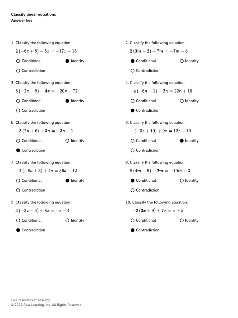Linear Equations Answer Key | PDF