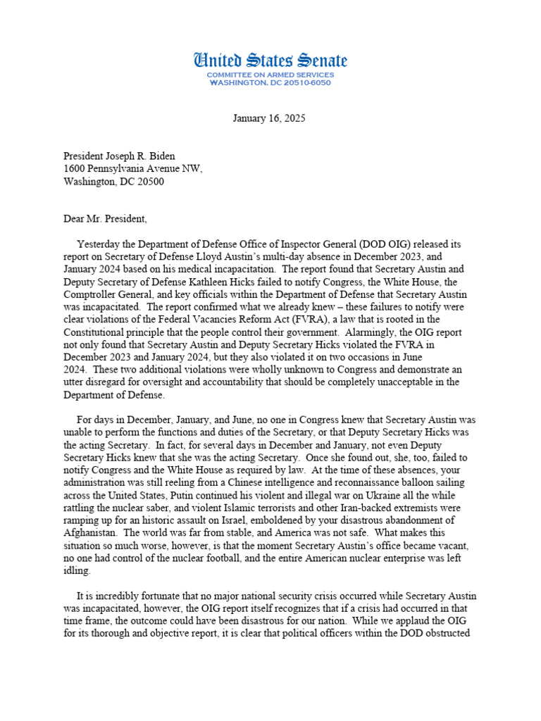01.16.25 Sasc Letter to Potus Re Secdef Fvra Violations.signed (003 ...