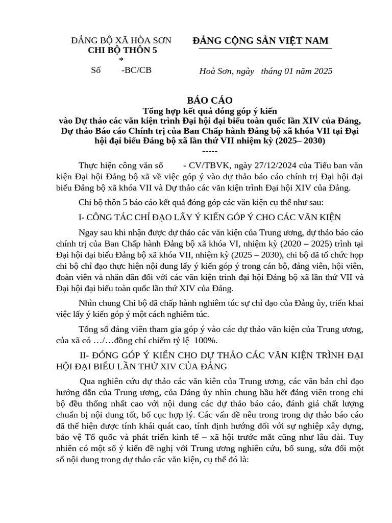 Tong Hop Gop y Du Thao Van Kien Dai Hoi TW Khoa Xiv Va Dang Bo Xa Khoa Vii | PDF