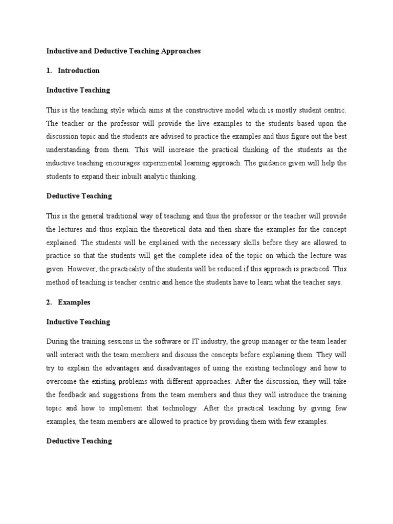 Inductive and Deductive Teaching Approaches Inductive Teaching | PDF