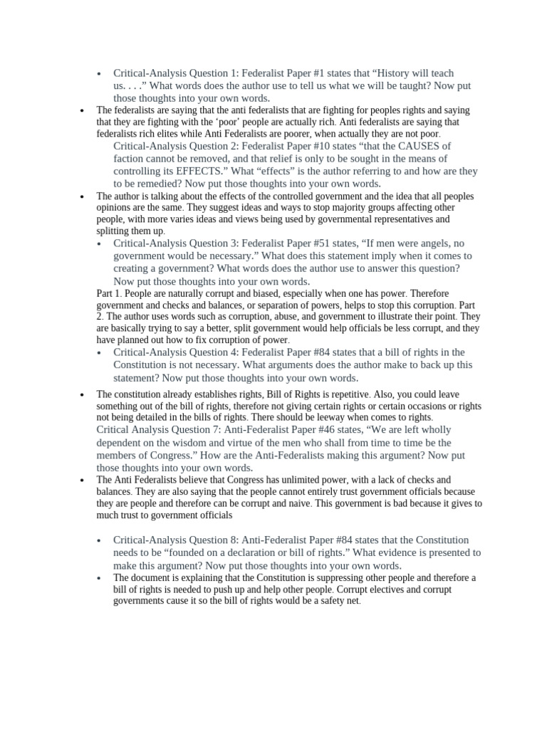 Anti Federalists v Federalists NOtes | PDF | United States Bill Of ...