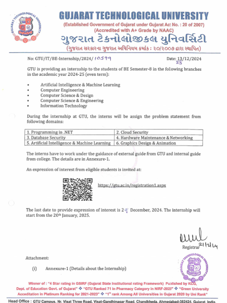GTU 2025 BE Internship Details | PDF