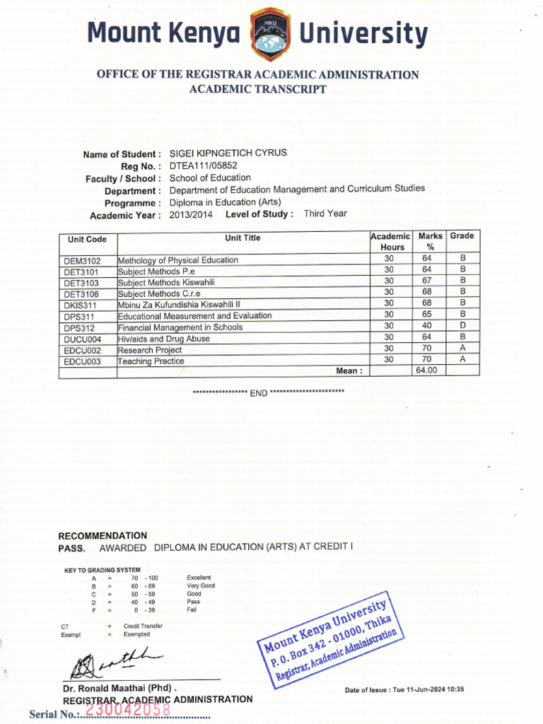 Cyrus Kipngetich Transcripts | PDF