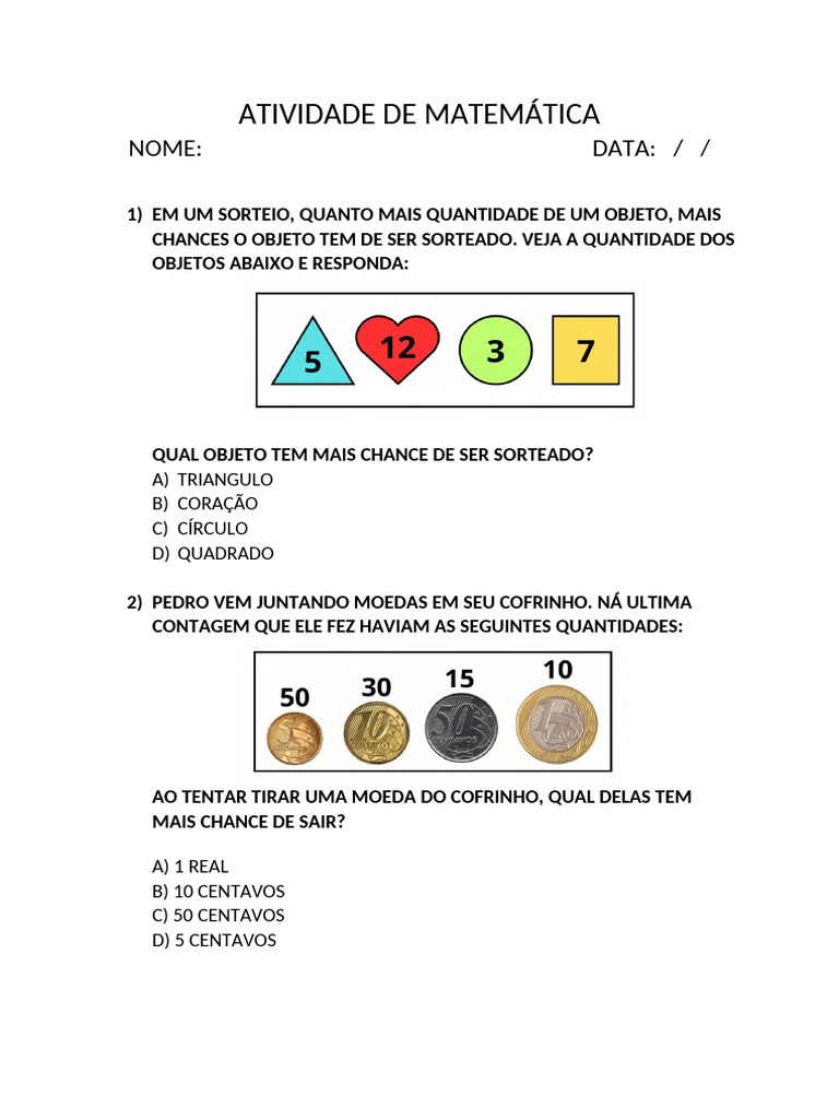 Atividade de Matemática - Probabilidade | PDF