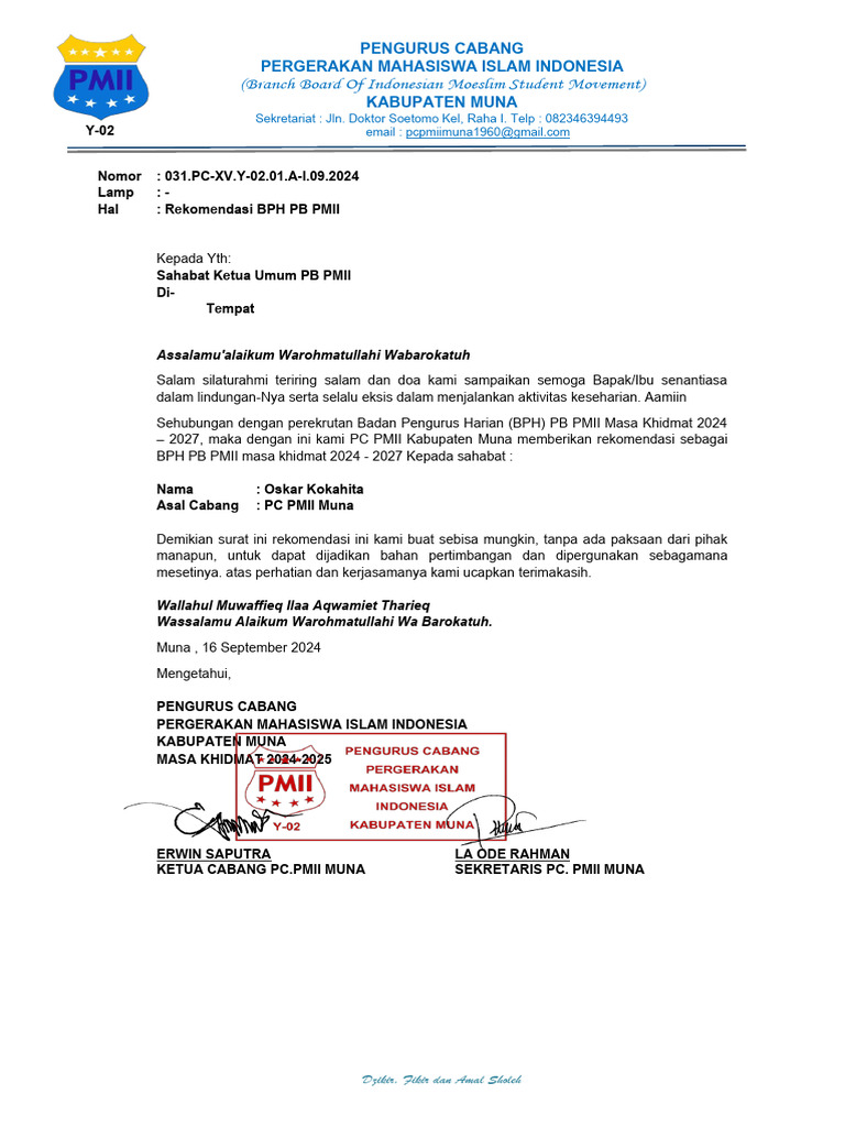 Rekomendasi BPH PB PMII Muna 2024-2027 | PDF