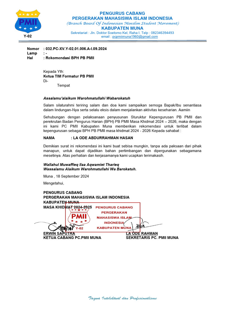Rekomendasi BPH PB PMII Muna 2024-2026 | PDF