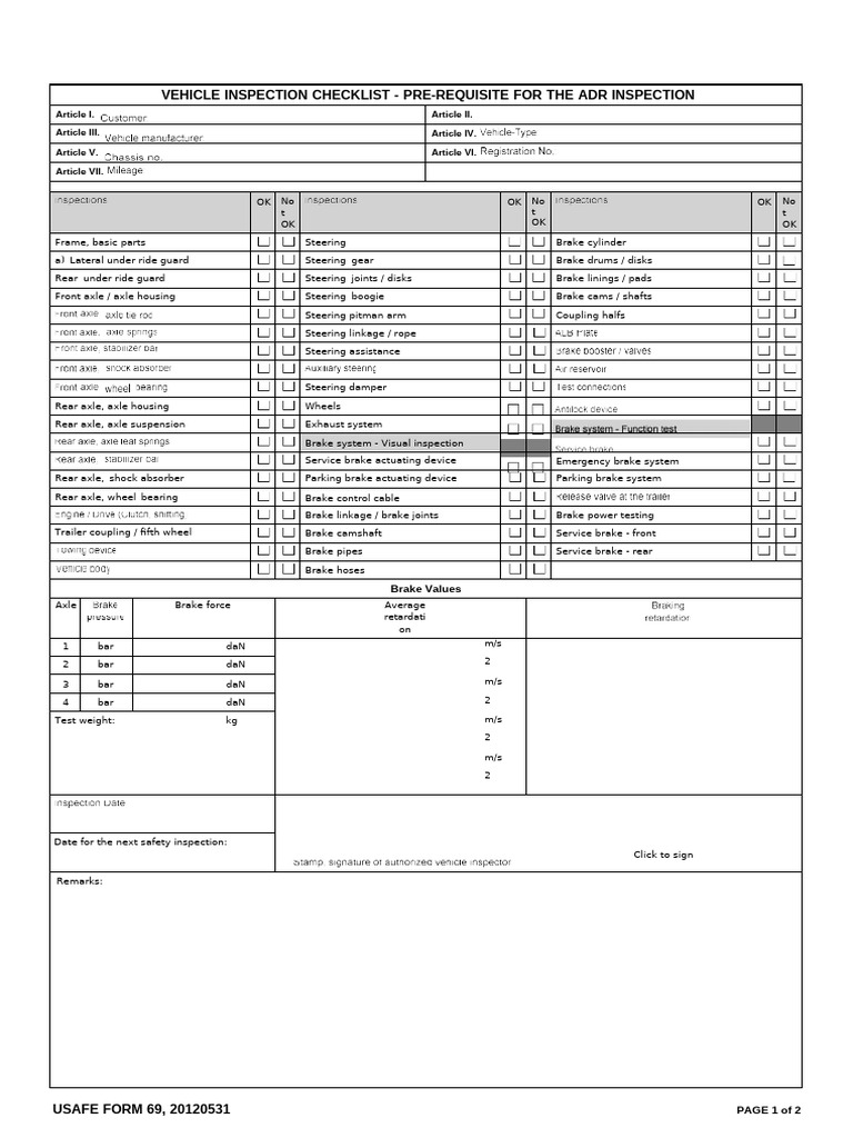 Forhtml - Usafe Form 69 Vehicle Inspection Checklist Pre Requisite The ...