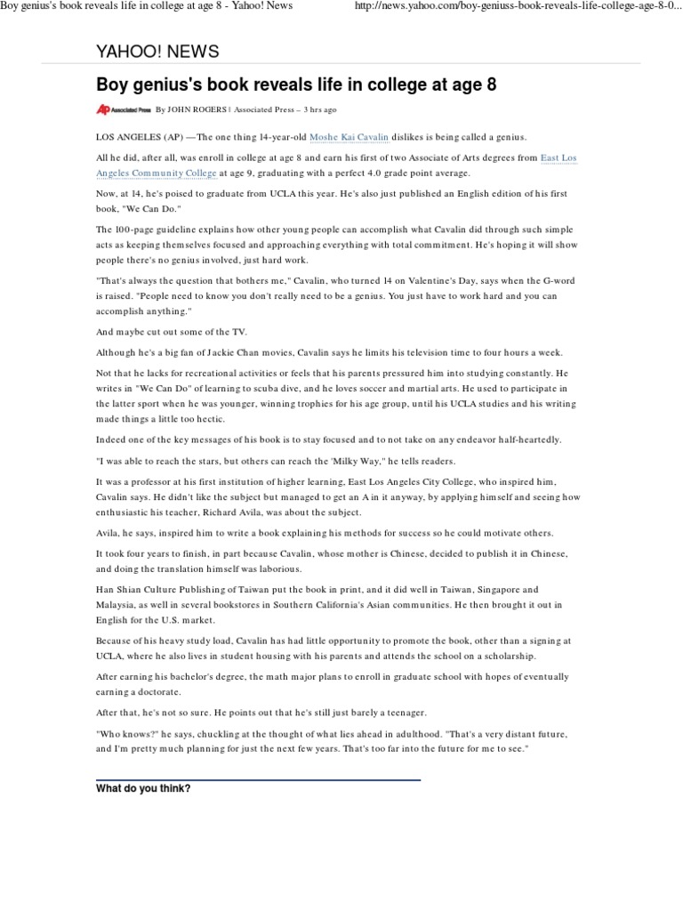 Boy Genius's Book Reveals Life in College at Age 8 - Yahoo! News | PDF ...