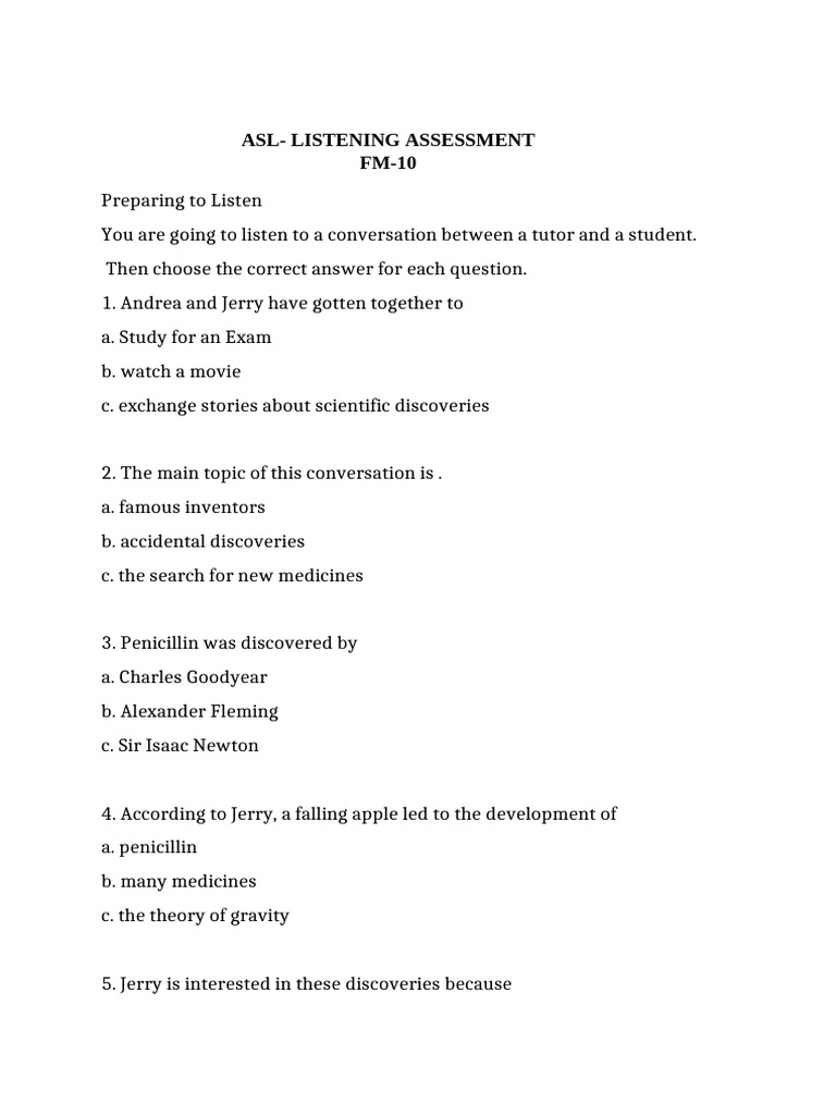 ASL Listening Assessment Questions | PDF