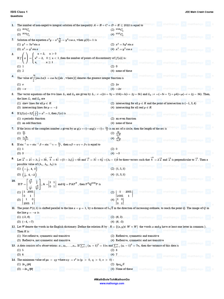 Question ISIS Class 1 Set JEE Main Crash Course MathonGo | PDF | Matrix ...
