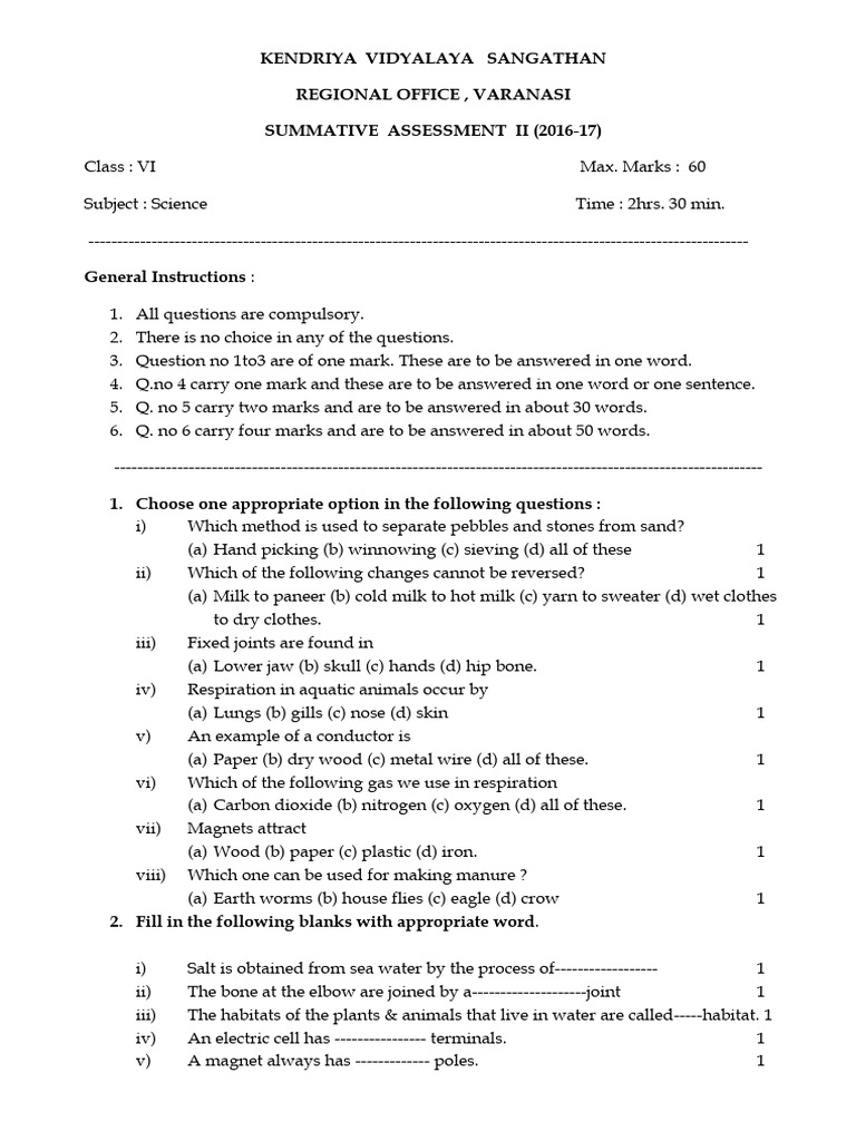 Class 6 Science Summative Assessment II | PDF | Respiratory System