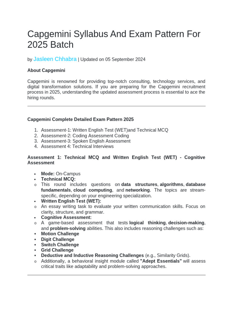 Capgemini Syllabus and Exam Pattern For 2025 Batch | PDF | Cloud Computing | Computer Programming