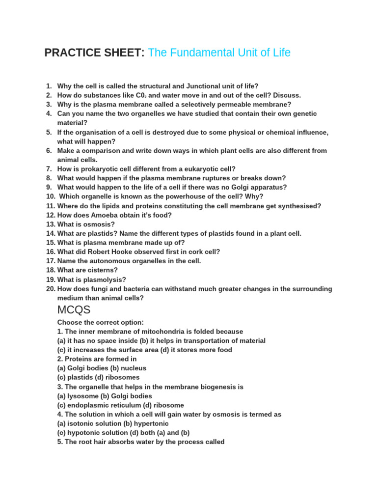 Cell Biology Practice Questions | PDF | Cell (Biology) | Cell Membrane