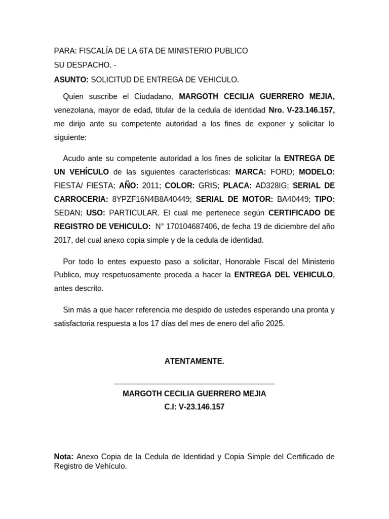 Solicitud de Entrega de Vehiculo | PDF