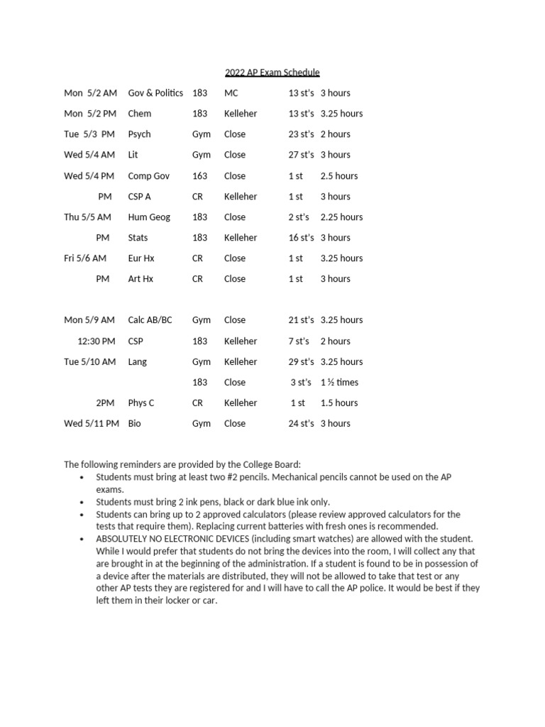 AP Exam Schedule 22 | PDF