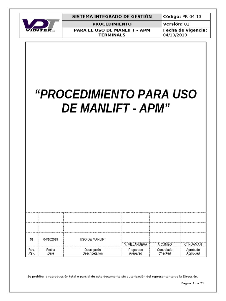 PR-04-13 Procedimiento para Uso de Man Lift - APM | PDF | Cuerda | Cambiar