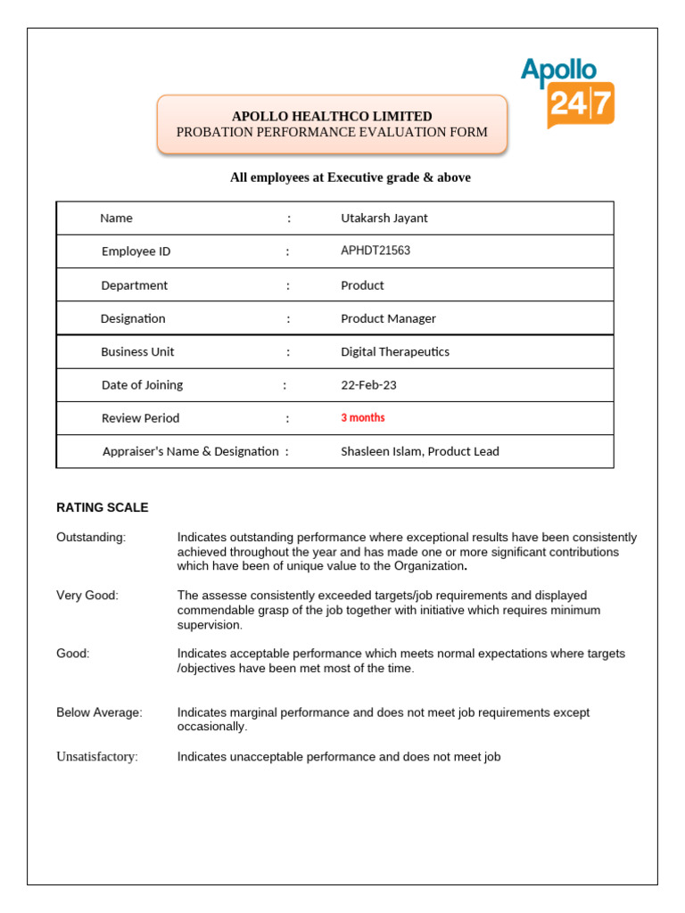AHL - Probation Performance Evaluation Form - Utakarsh | PDF ...