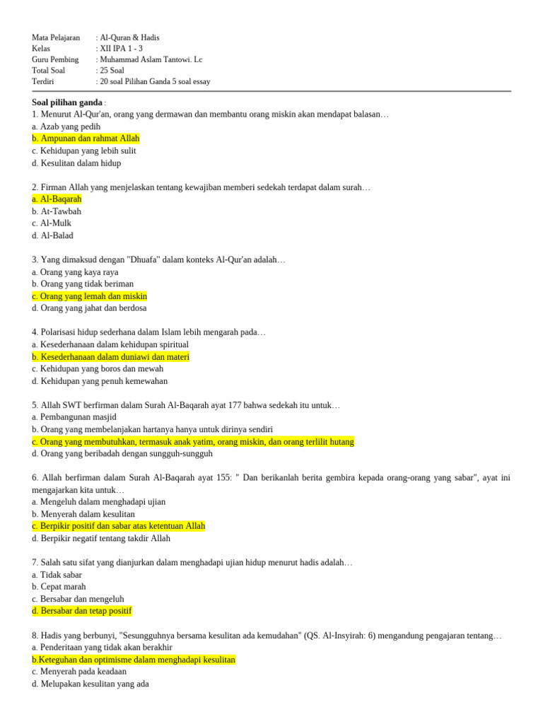 Soal Al-Quran & Hadis Kelas XII | PDF