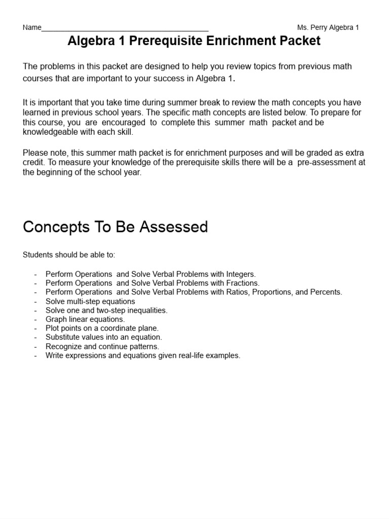 Algebra 1 Summer Review Packet | PDF | Algebra | Ratio