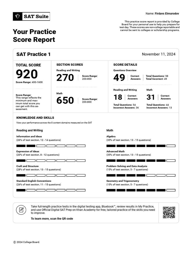 Felmurodov Sat Practice 1 11112024 | PDF | Sat | Mathematics