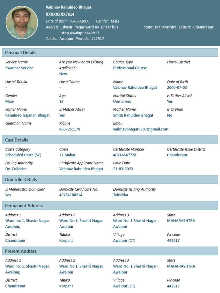 Swadhar Online Form Submitted Vaibhav - 090451 | PDF | Qualifications | Educational Stages