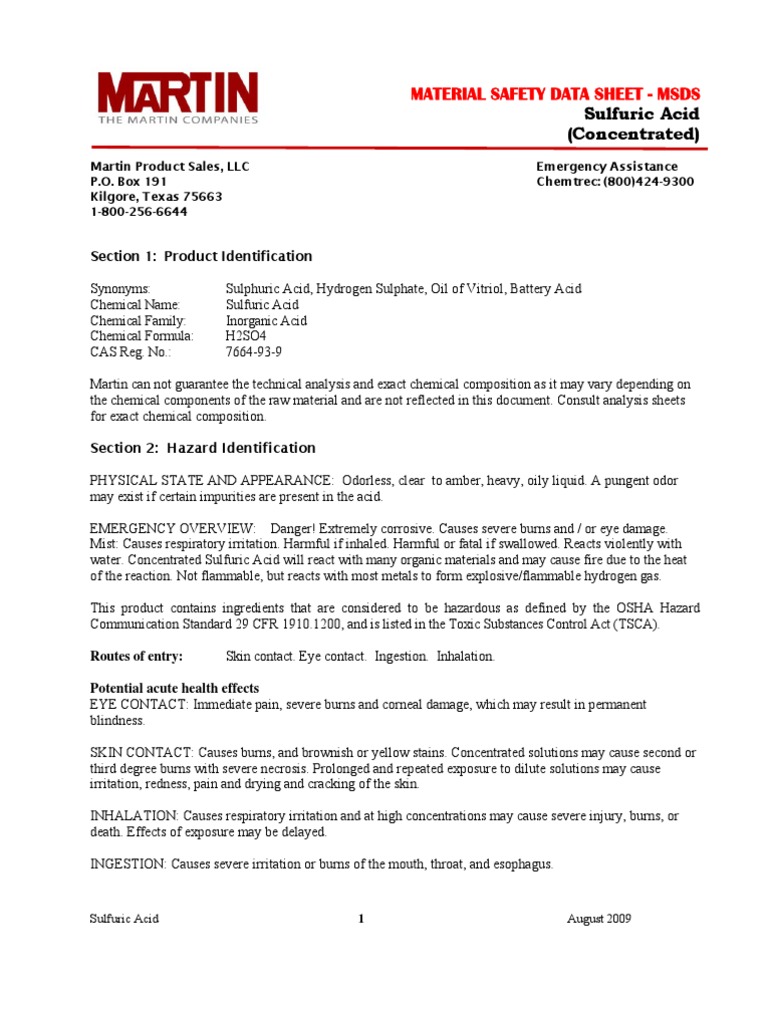 MSDS Sulphuric Acid | PDF | Dangerous Goods | Resource Conservation And ...