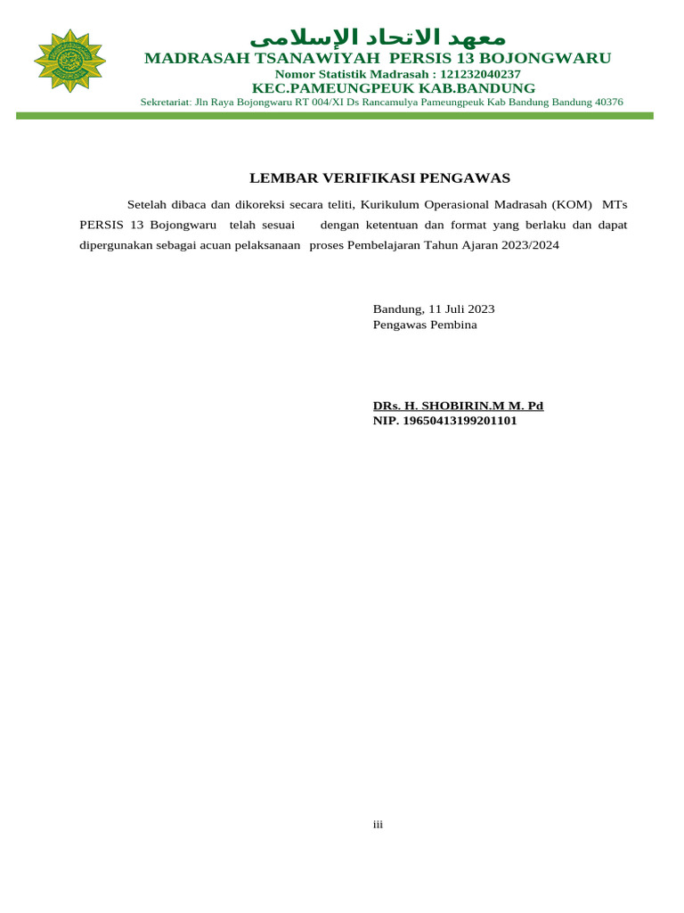 Verifikasi Kurikulum MTs 2023/2024 | PDF