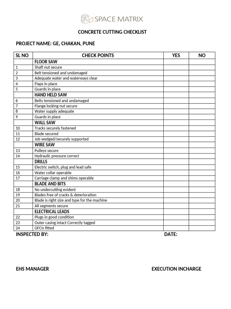 Concrete Cutting Checklist | PDF