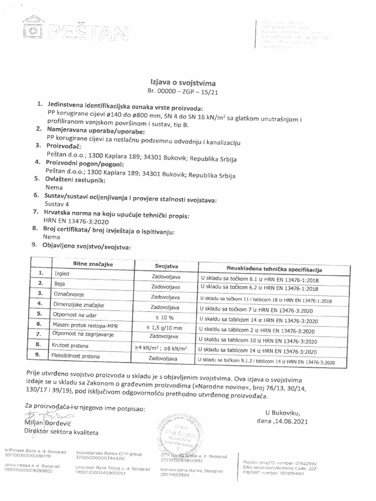 Izjava o Svojstvima - PP Korugirane Cijevi + C Znak (Pečatirano) | PDF