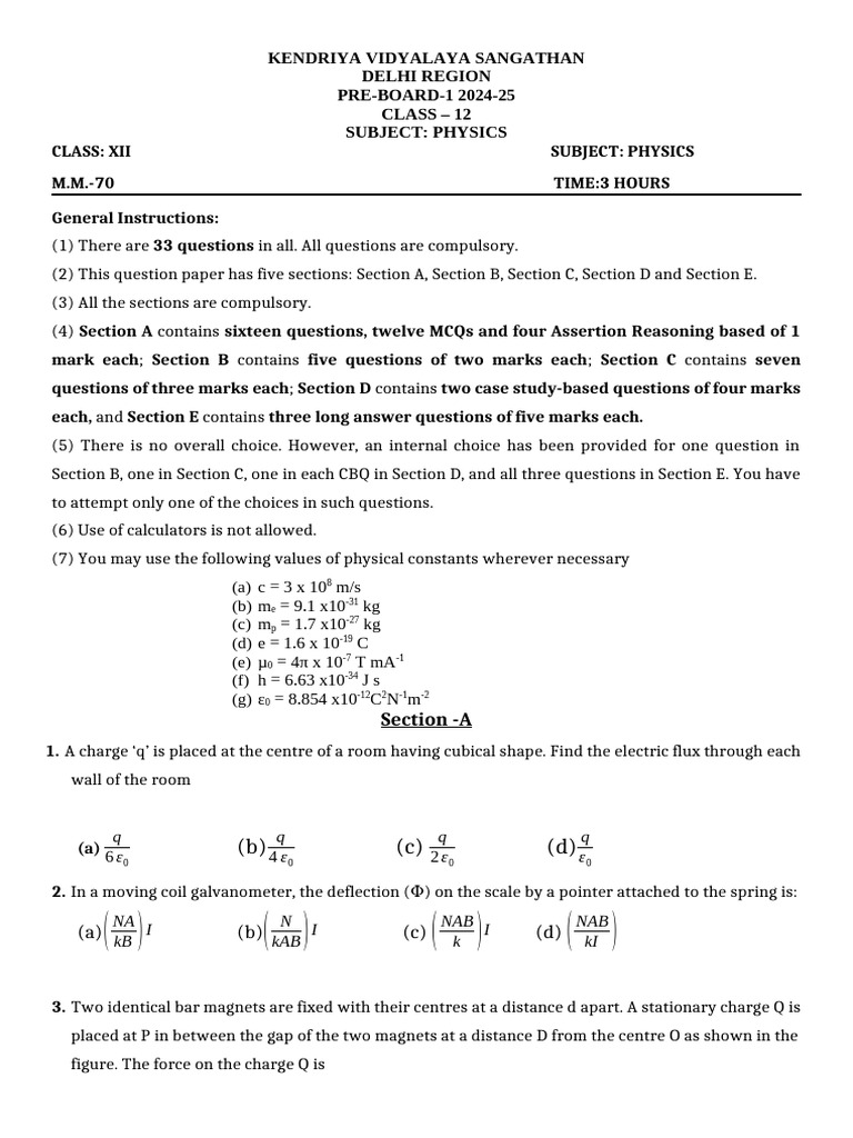 PB1 - QP - Physics - XII - Set 2 | PDF | Electron | Capacitor