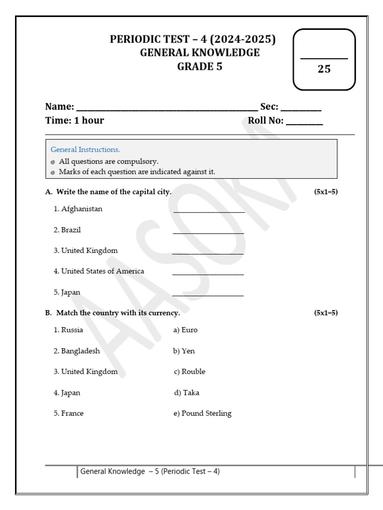 PERIODIC TEST - 4 (2024-2025) General Knowledge Grade 5 25 | PDF