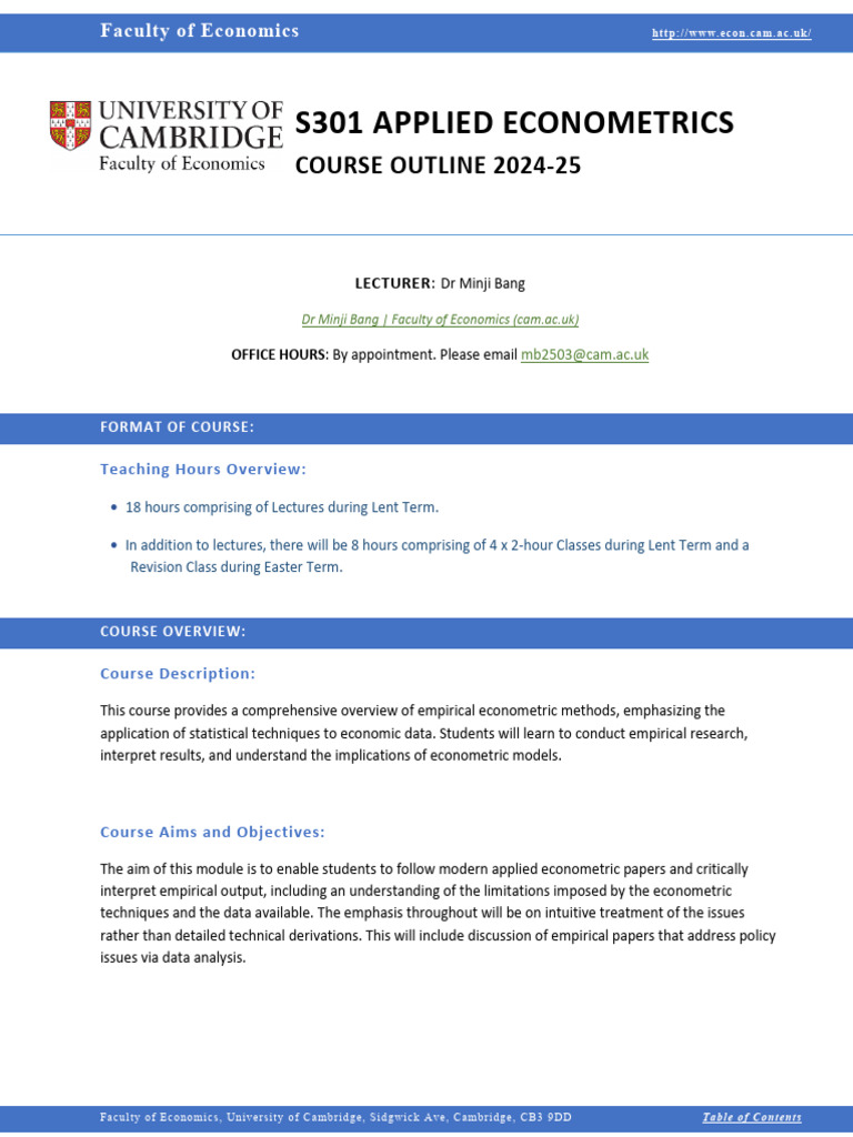 Course-Outline-S301-2024-25 | PDF | Econometrics | Statistics