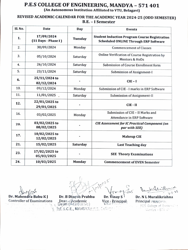 Revised Academic Calendar For The AY 2024-25 (ODD Semester) B.E.-I Semester | PDF | Academic ...