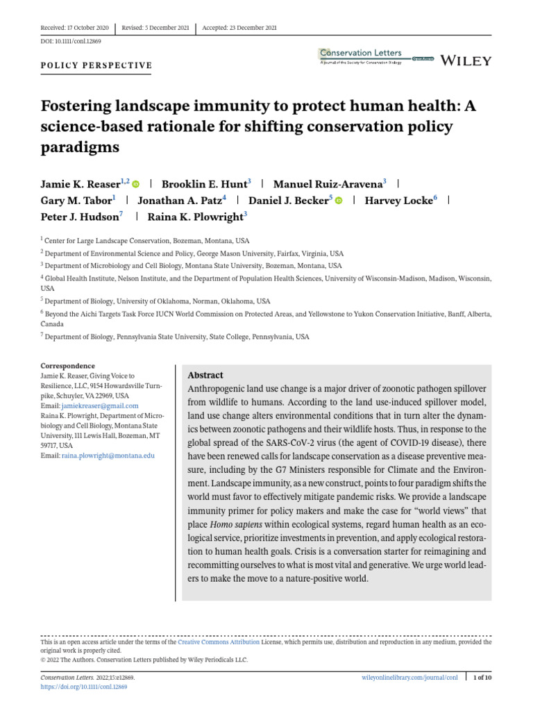 Fostering Landscape Immunity To Protect Human Heal | PDF | Conservation ...