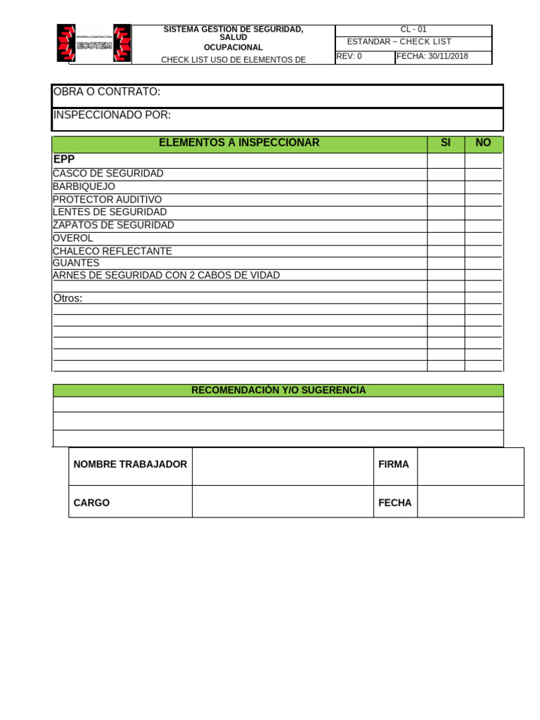 CL-01 Check List - Uso EPP | PDF