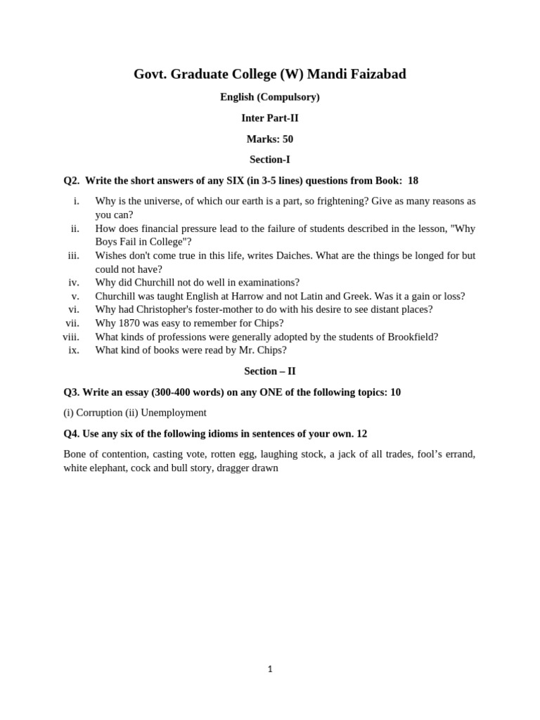 English Exam Questions for Inter Part-II | PDF