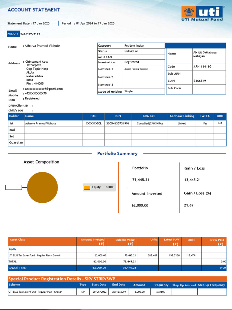 UTI ELSS Fund Account Statement | PDF | Cheque | Money