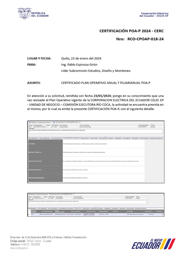 Certificación Poap 018 Rco-Reqprs-24-039 | PDF