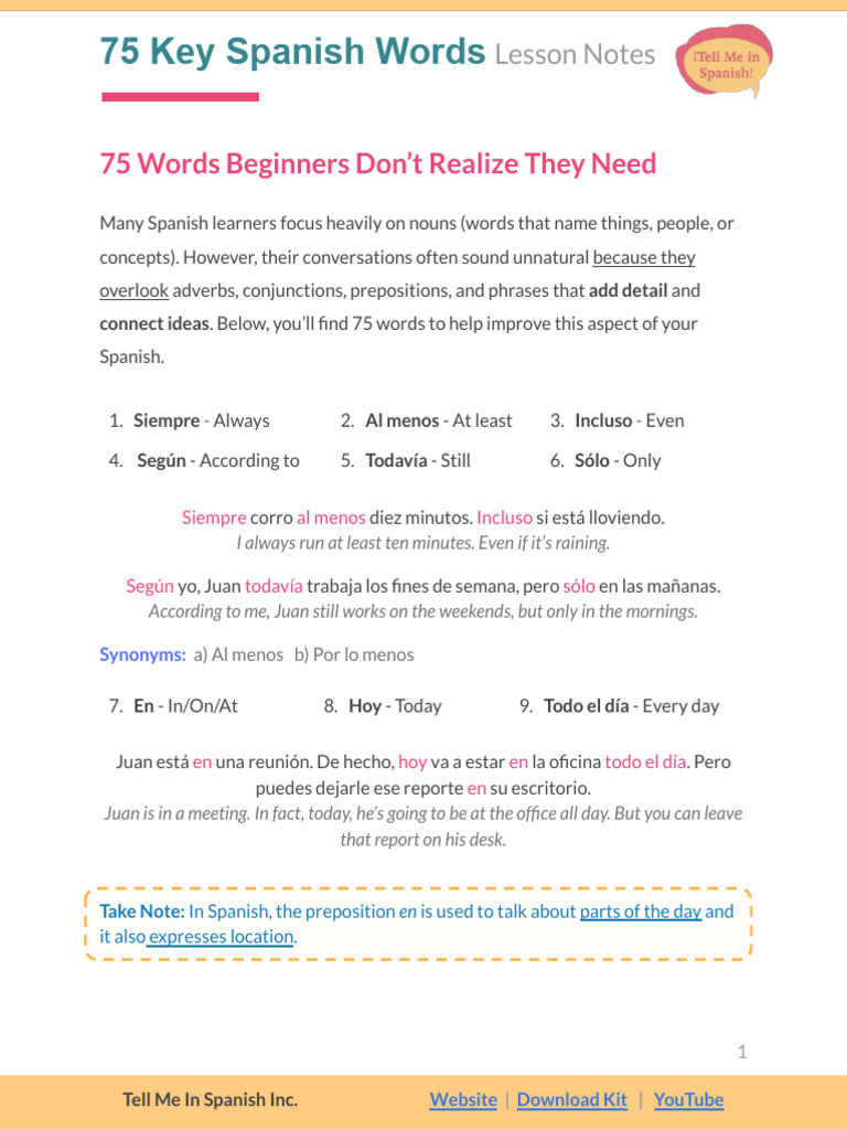 75 Spanish Words Beginners - YouTube Lesson Notes | PDF | Language ...