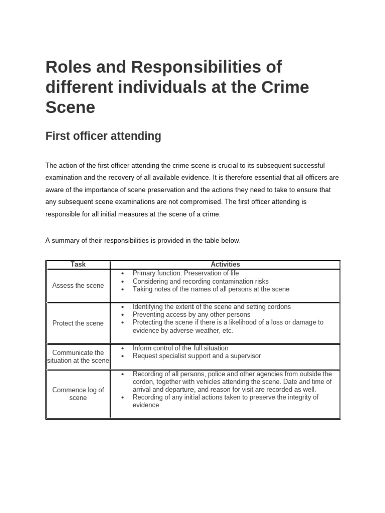 Crime Scene Roles and Responsibilities | PDF | Crime Scene | Forensic ...
