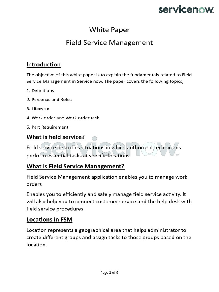 Field Service Management Overview in ServiceNow | PDF | Service Level ...