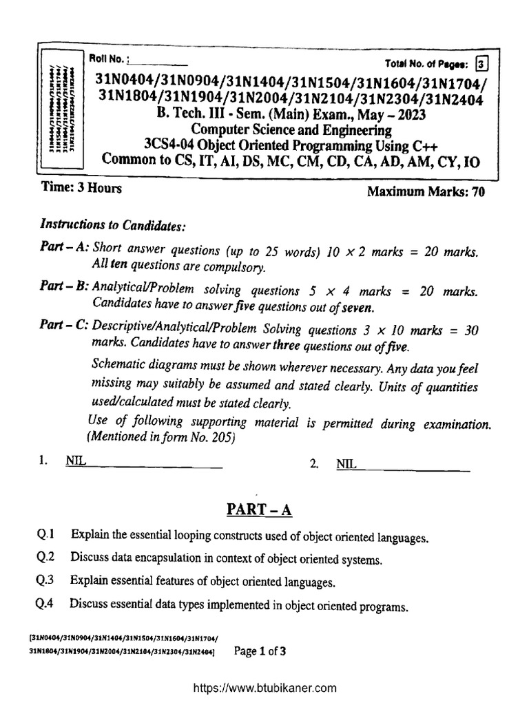 Btech 3 Sem Object Oriented Programming Using Cpp 31n0404 May 2023 Pdf