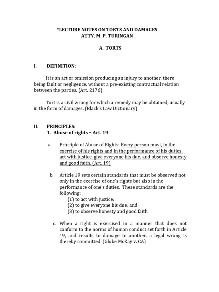 Notes On Torts and Damages - 240427 - 182115 | PDF | Tort | Legal Liability