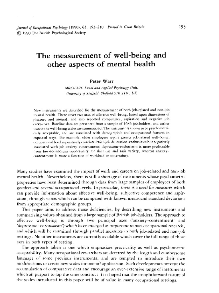 WARR The Measurement of Well-Being and Other Aspects of Mental Health ...