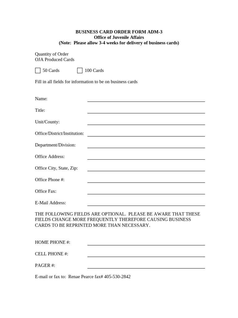 Juvenile Affairs Business Card Order Form | PDF