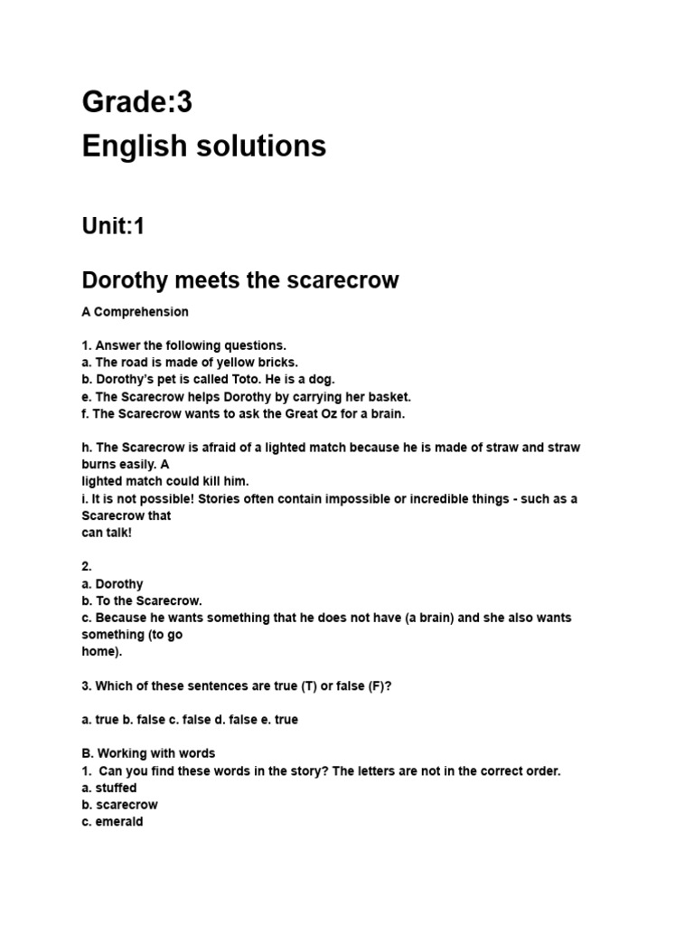 Class 3 English Comprehension Answers | PDF | Scarecrow (Oz) | Dorothy Gale
