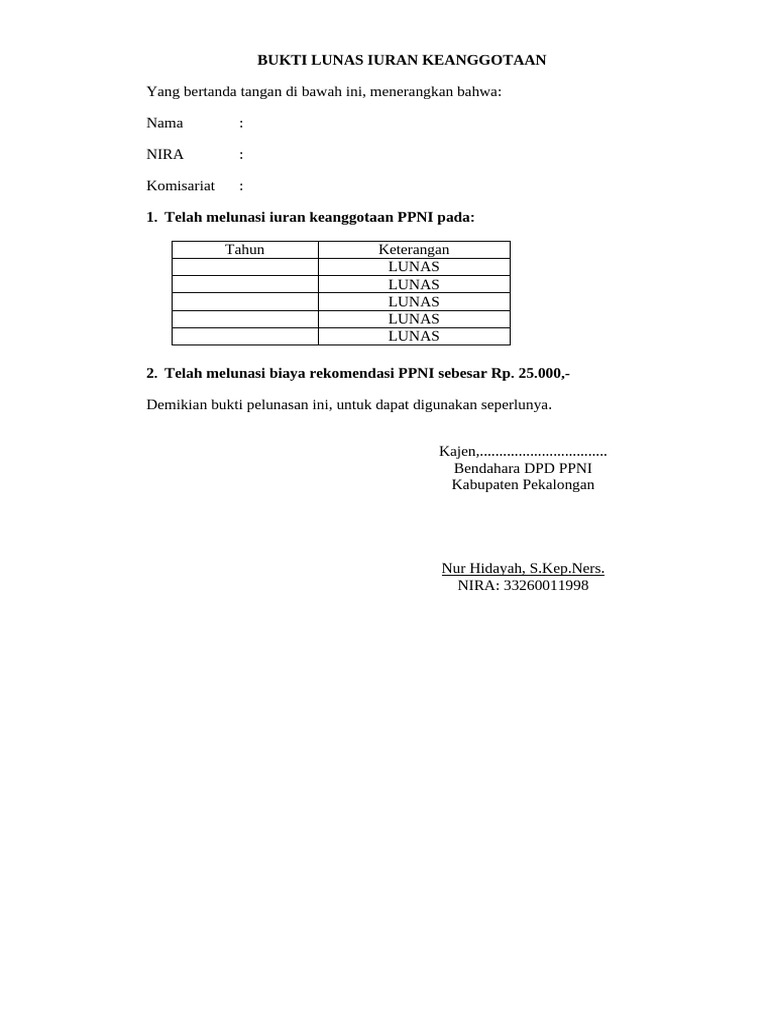 Bukti Lunas Iuran Anggota PPNI | PDF