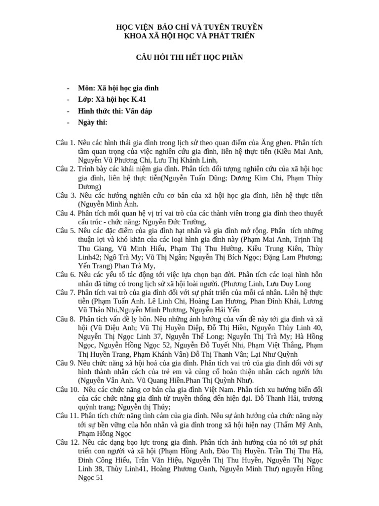 XHH 41 Cau Hoi Va Dap An XHH Gia Dinh | PDF