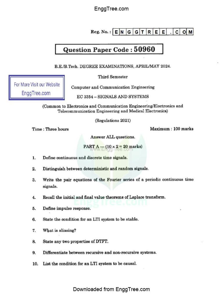 EC3354 Signals and Systems Apr May 2024 Question Paper Download | PDF