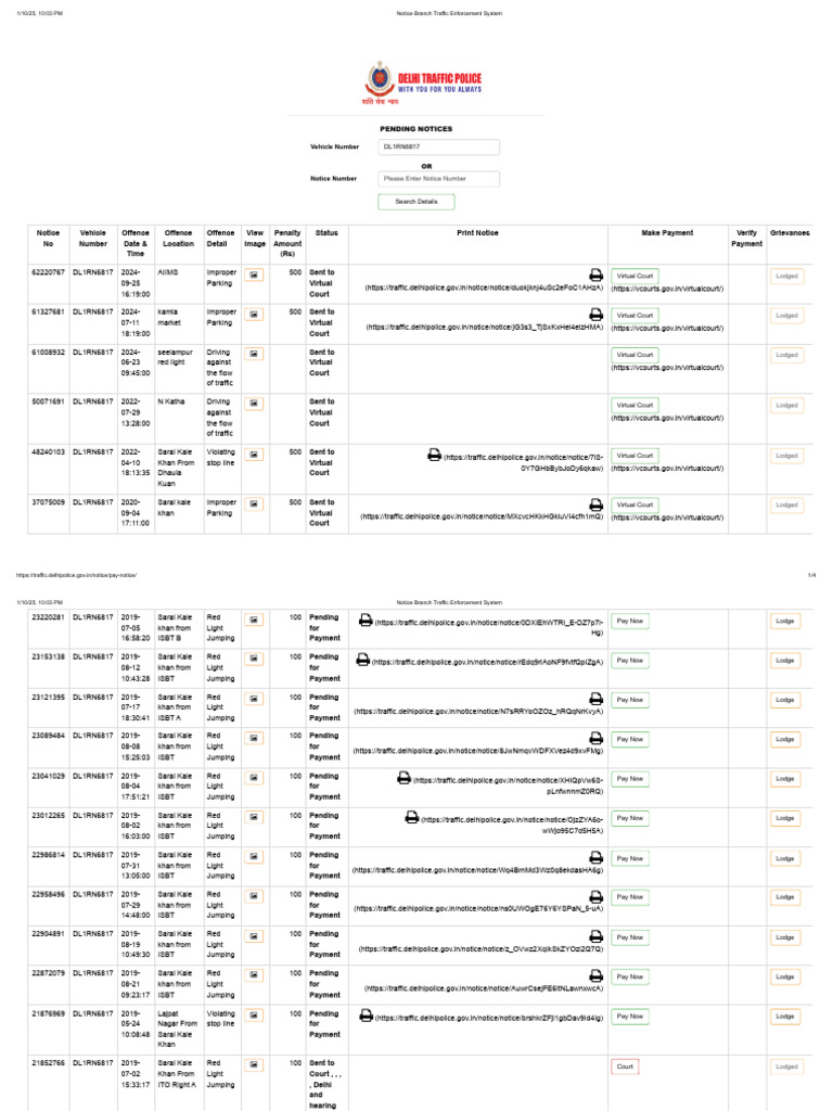 Delhi Traffic Violation Notices Summary | PDF | Driving | Road Transport